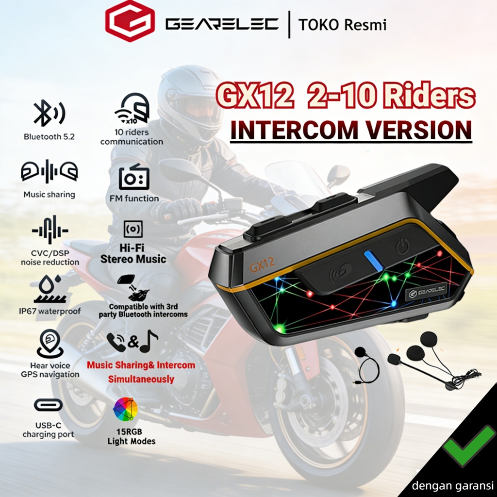 Jual GEARELEC GX12 Interkom Helm Bluetooth 10riders mendukung interkom ...