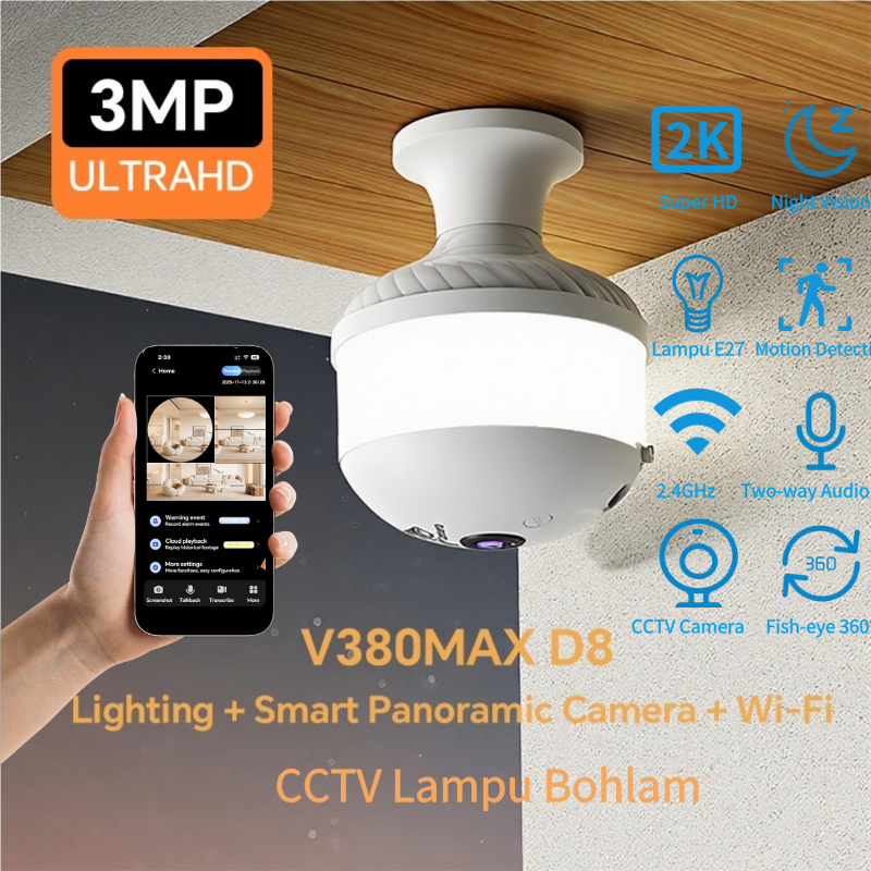 Jual CCTV Lampu Bohlam Kamera Pengawasan V380 PRO MAX D8 2K 360°Fisheye ...