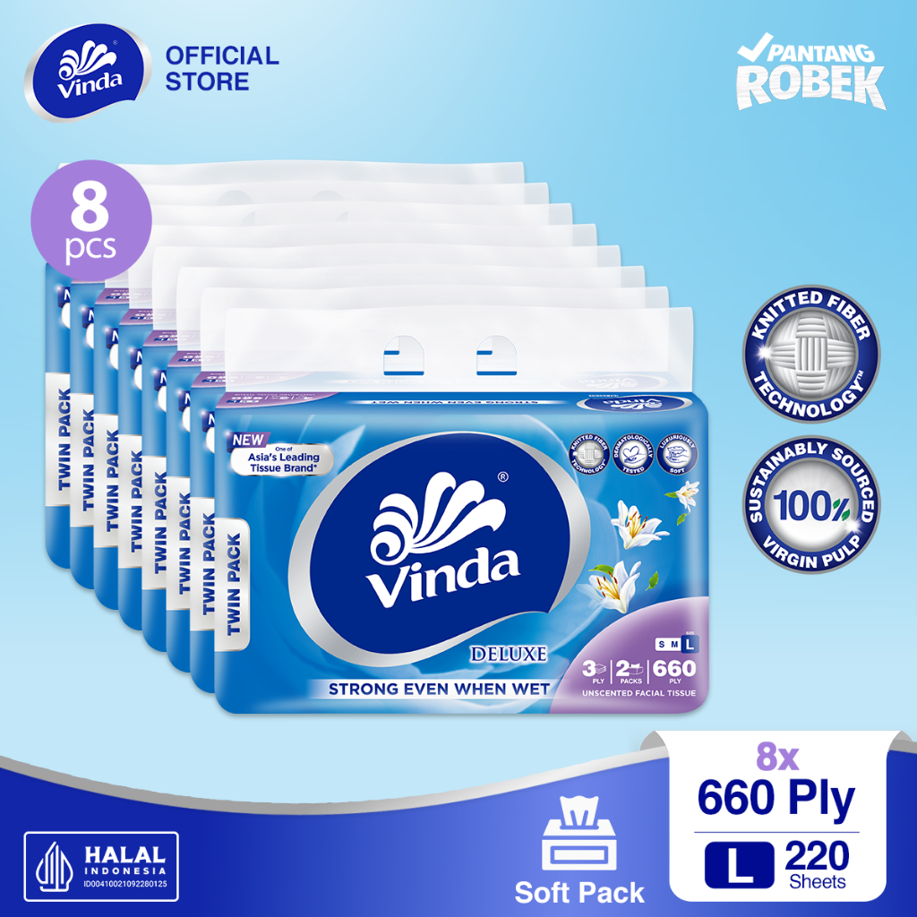 Jual [BUNDLE] VINDA Deluxe Soft Pack Twin Pack Facial Tissue L 8 Set x ...