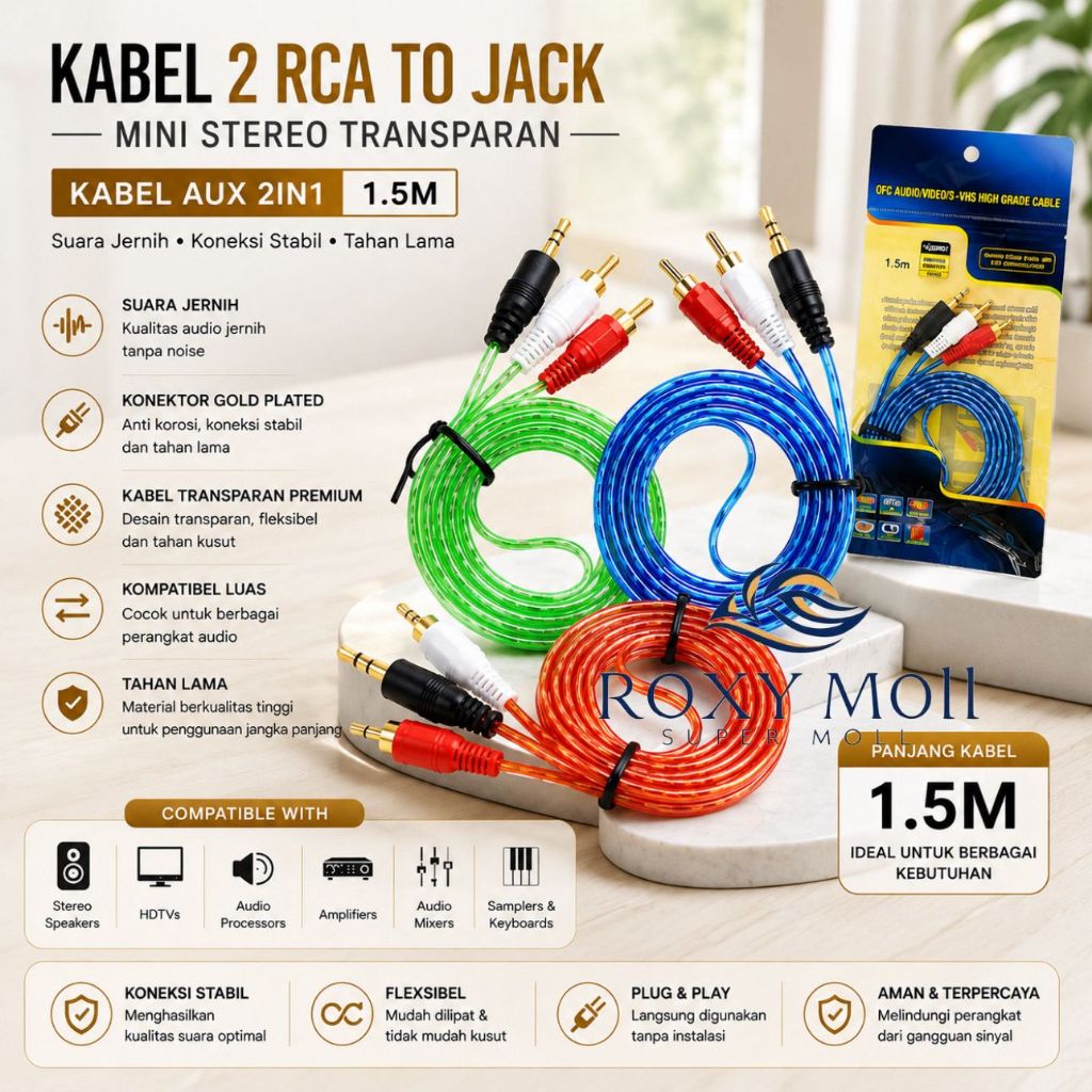 Jual Vibox Kabel Aux Av Rca 2x1 To Jack 3.5mm RC-150 Transparan Cable ...