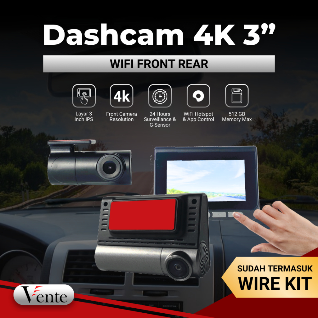 Jual VENTE Dashcam Mobil Dual Camera 4K 3 Inch Wifi Front Rear Night ...