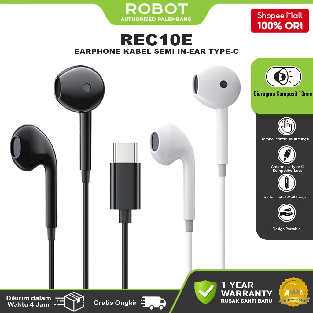 Jual ROBOT REC10E Earphone Type-C Semi In Ear Headset Kabel Mic HD ...