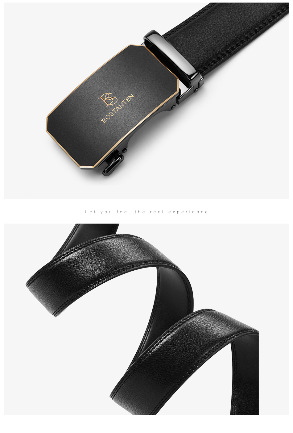 Jual BOSTANTEN Sabuk Pria Ikat Pinggang Black Gold Gesper Otomatis ...