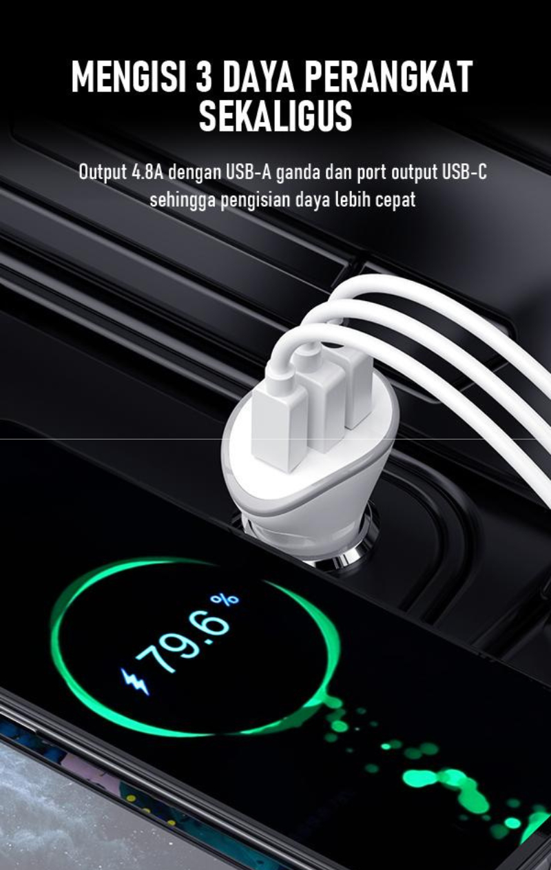 Jual ROBOT Car Charger 3 Port Fast Charging Mobil Type C Micro Adapter ...