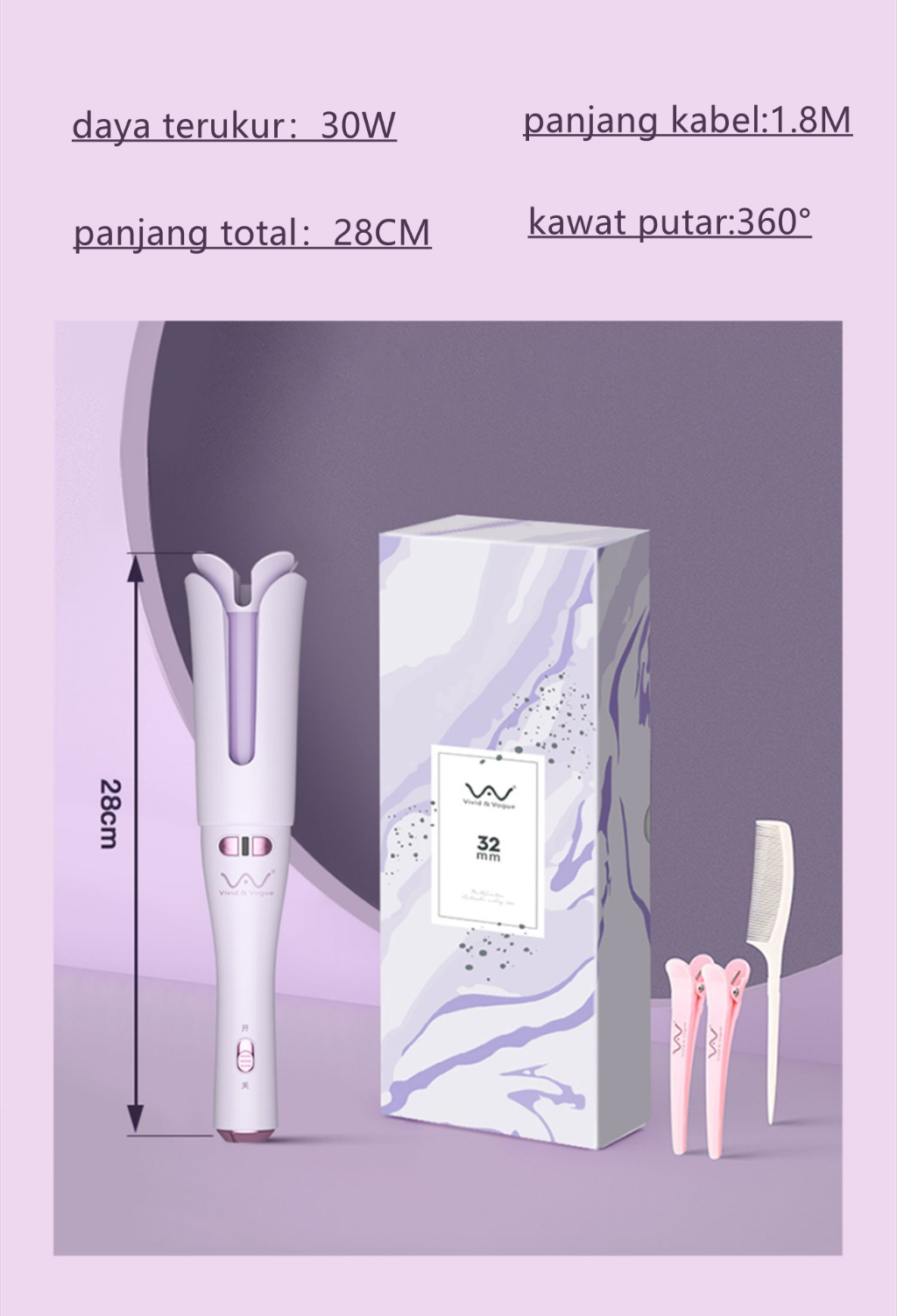 Jual Vivid&Vogue Anti Melepuh Catokan Curly Otomatis Tahan Lama 32mm Ion Ceramic bagus big Hair ...