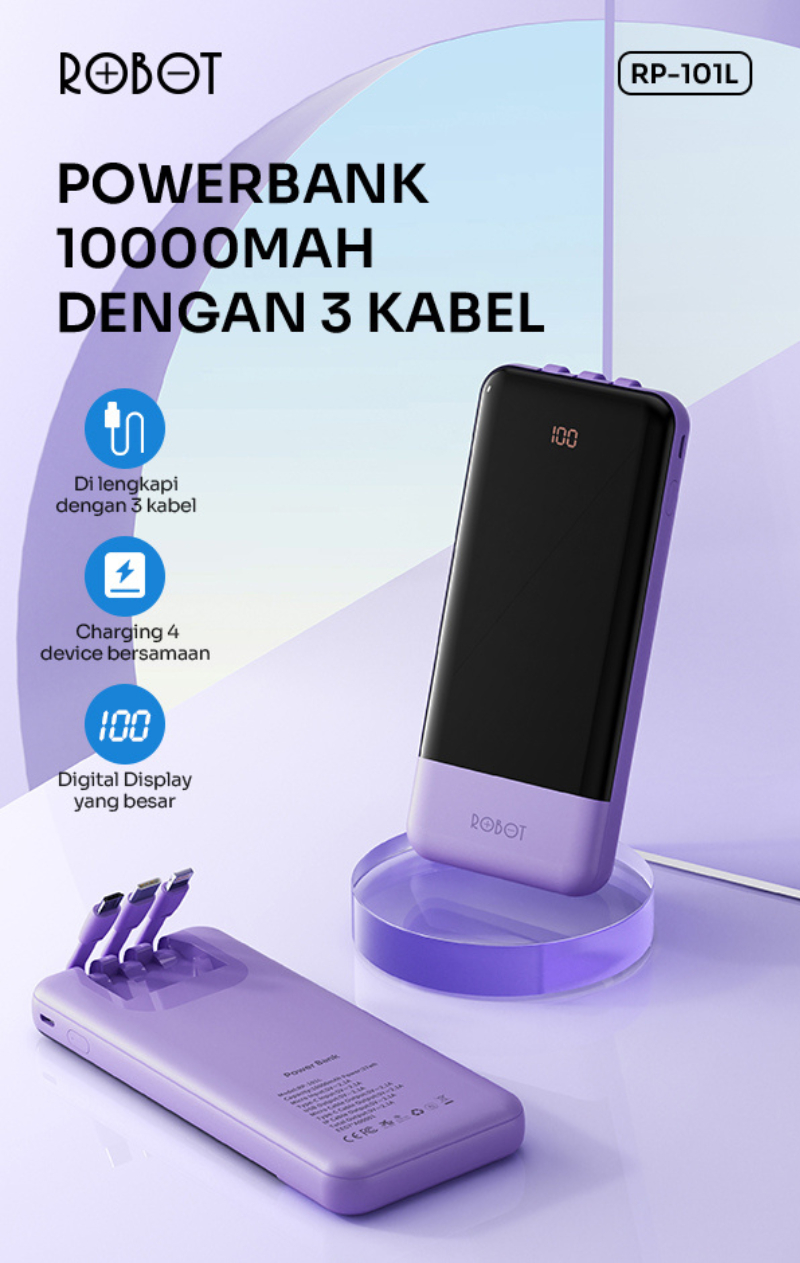 Jual ROBOT Powerbank 10000mAh Built-in 3 Cable Type C Lightning Micro ...