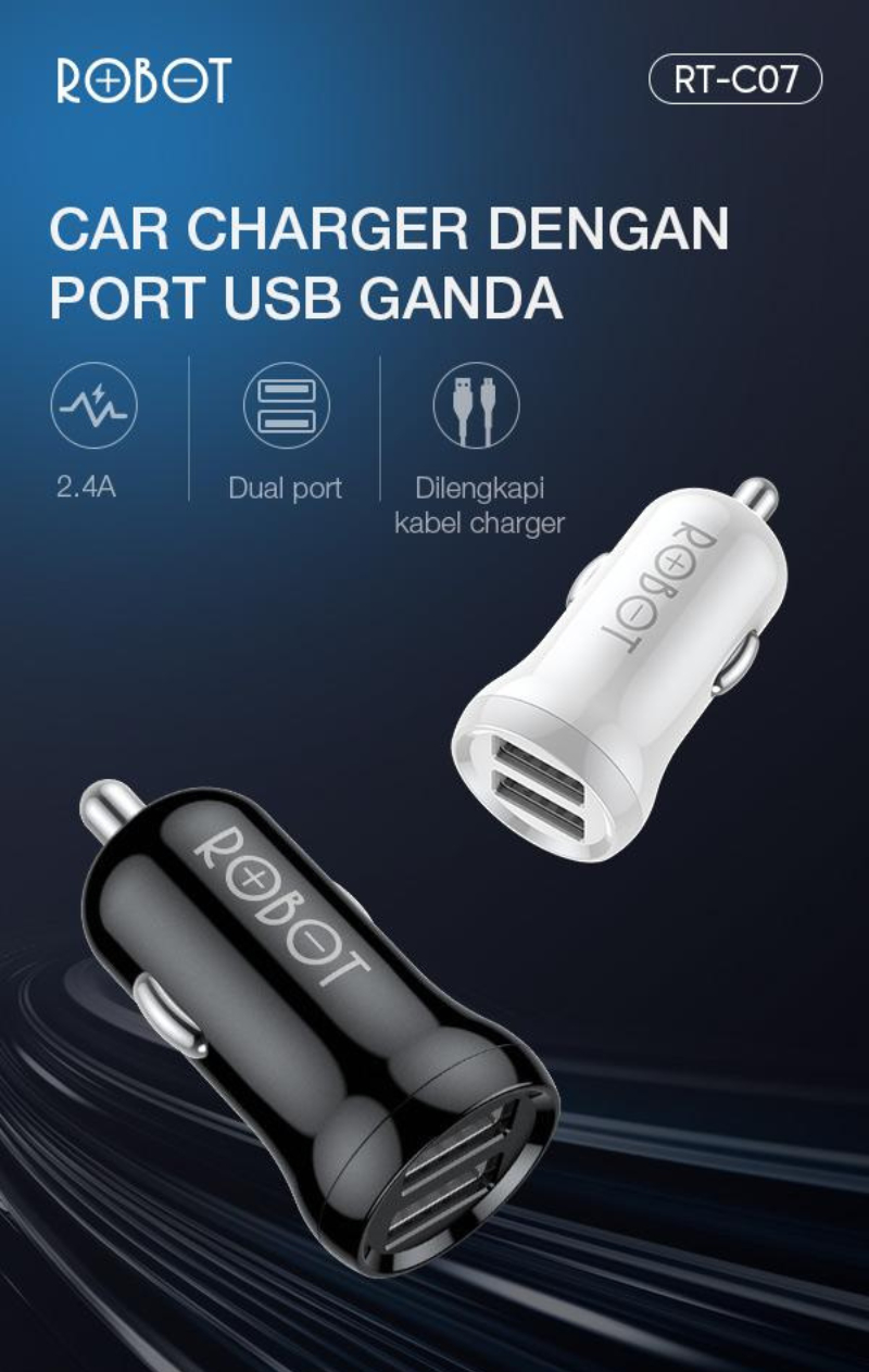 Jual ROBOT Car Charger 2Port Adapter Charger Mobil Free Kabel Micro USB Colokan HP Charger Mobil ...