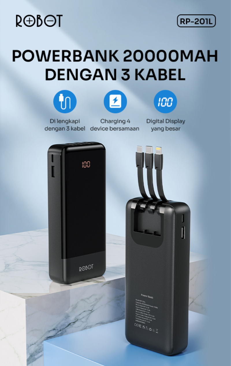 Jual Powerbank ROBOT 20000mAH RP-201L 2.1A Dengan 3 Kabel Type C Lightning Micro - Garansi 1 ...