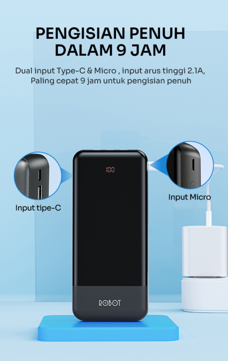 Jual Powerbank ROBOT 20000mAH RP-201L 2.1A Dengan 3 Kabel Type C Lightning Micro - Garansi 1 ...