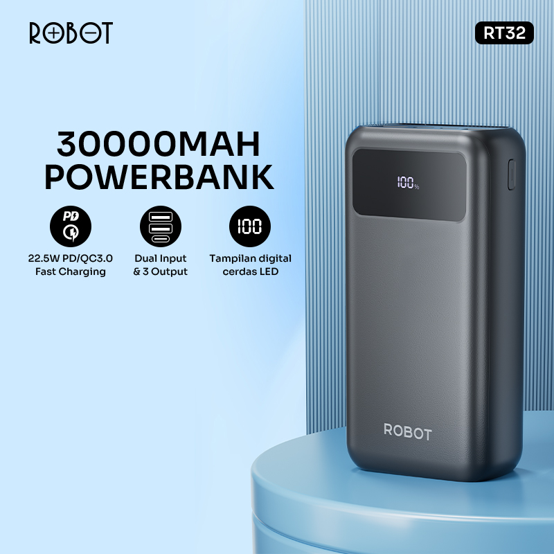 Jual ROBOT Powerbank 30000 mAh Fast Charging 22.5W 3 Port USB Type C ...