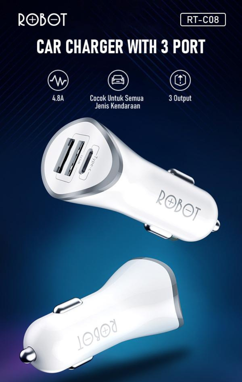 Jual ROBOT Car Charger 3 Port Fast Charging Mobil Type C Micro Adapter ...