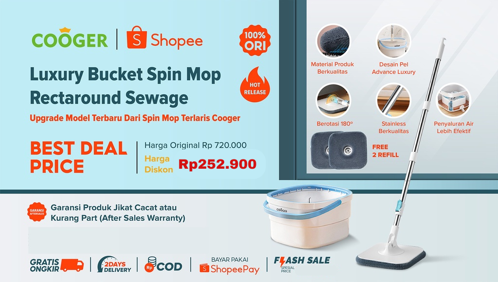 Jual COOGER Alat Pel Lantai Pel Putar Bucket Spin Mop Automatic Single ...