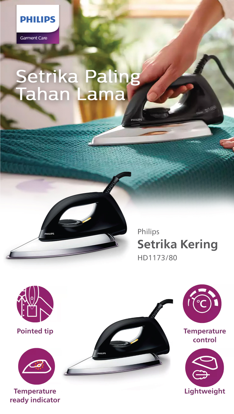 Jual Philips Setrika kering HD1173/80 Hitam, Ceramic 4 Lapis, Anti ...