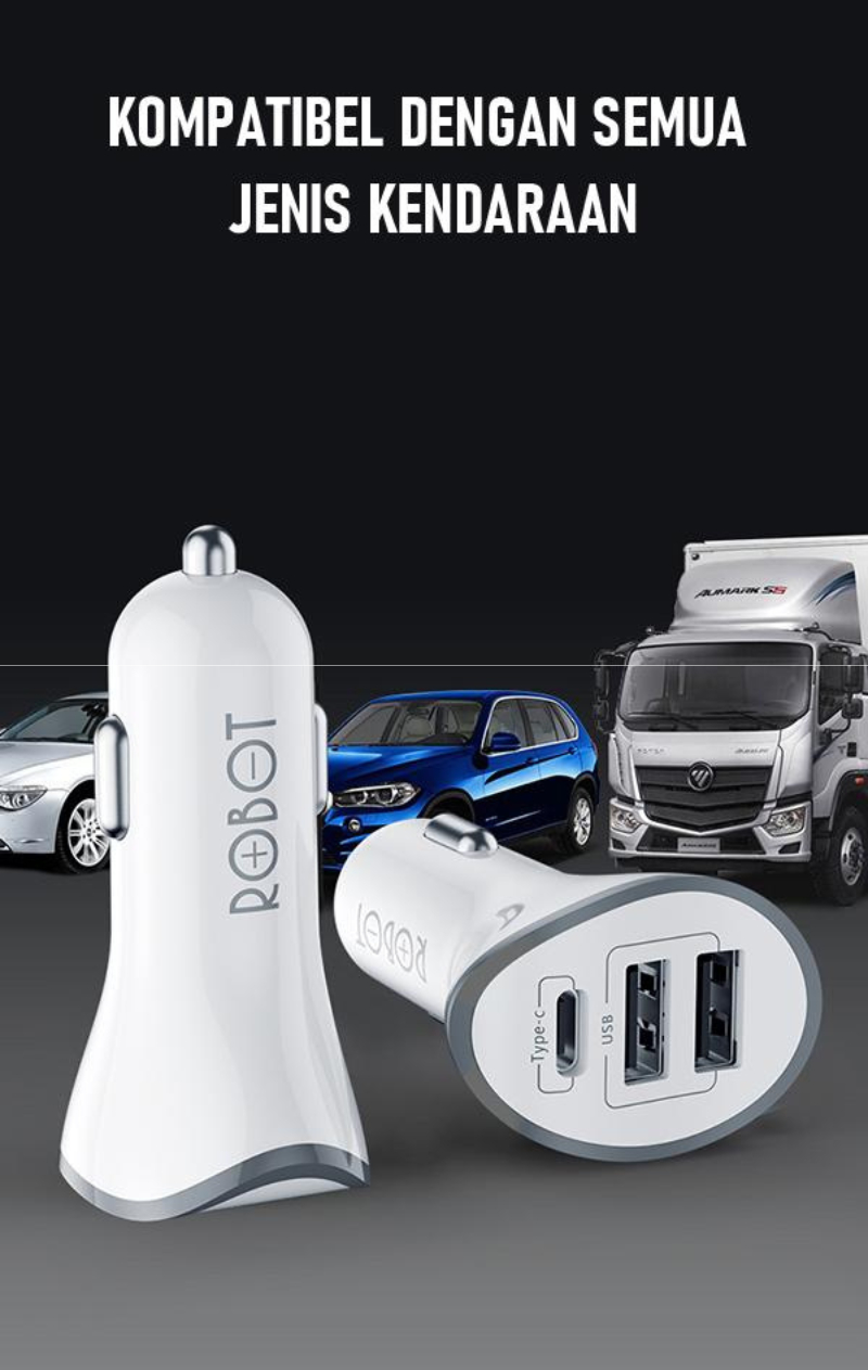 Jual ROBOT Car Charger 3 Port Fast Charging Mobil Type C Micro Adapter ...