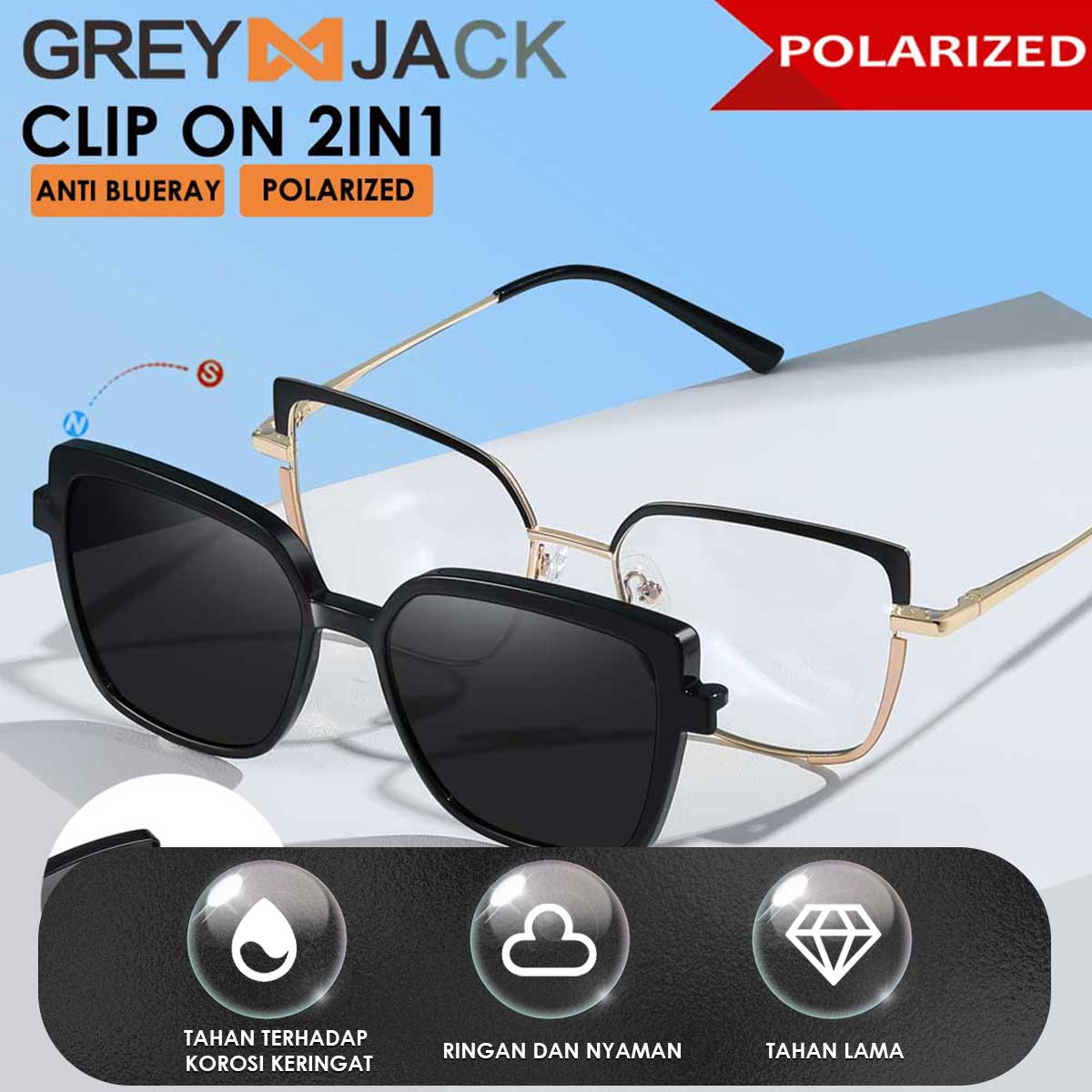 Jual Grey Jack Kacamata Clip On Model Cat Eye Bahan Metal Ringan Fashion Wanita Free Lens ...