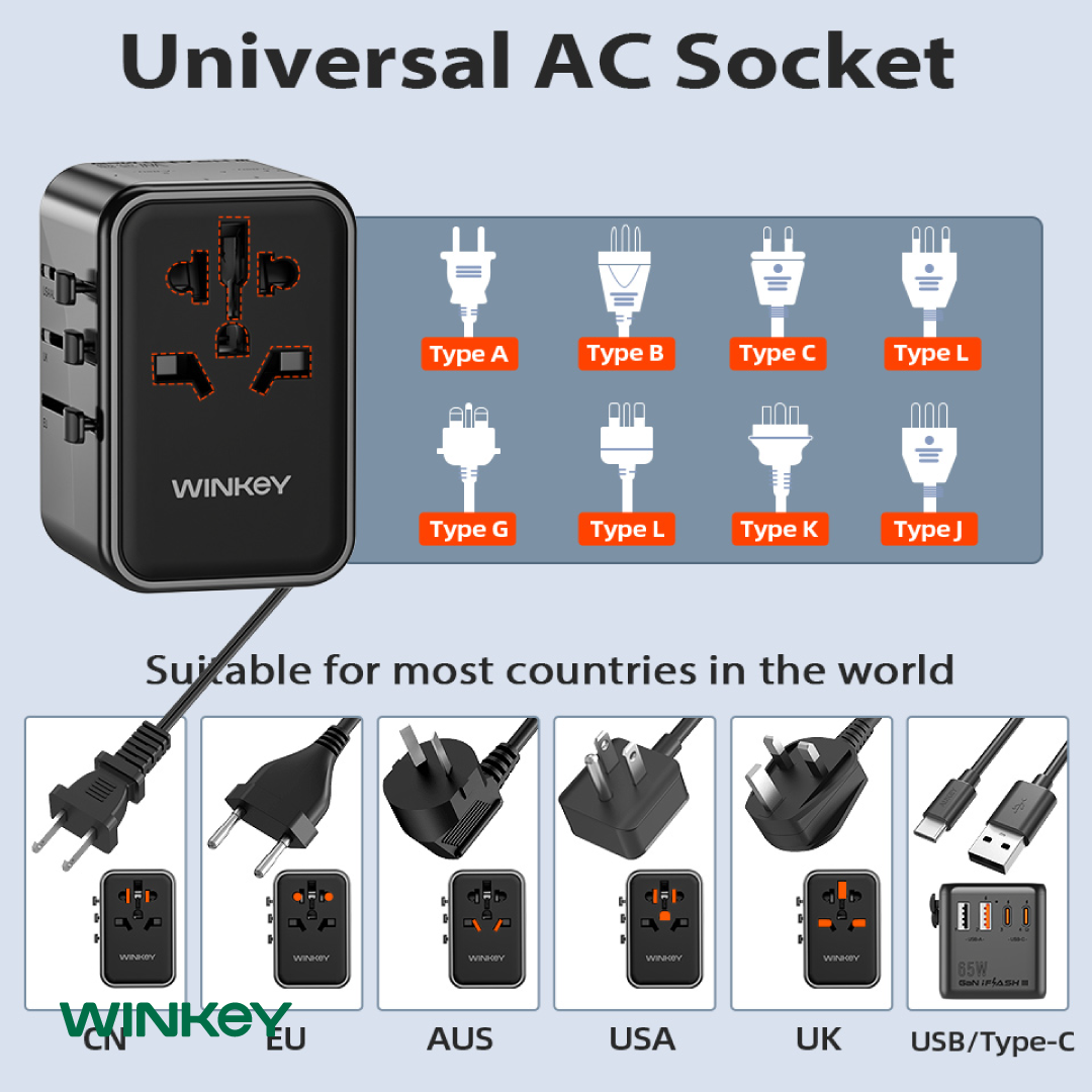 Jual WINKEY Universal Travel Adaptor 65W GAN PPS 4 Port USB & USB C -UTA03 | Shopee Indonesia