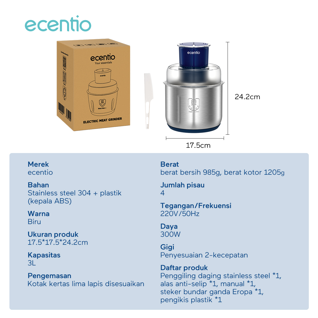 Jual ecentio Food Chopper 3L 4 pisau Stainless steel 304 Penggiling ...