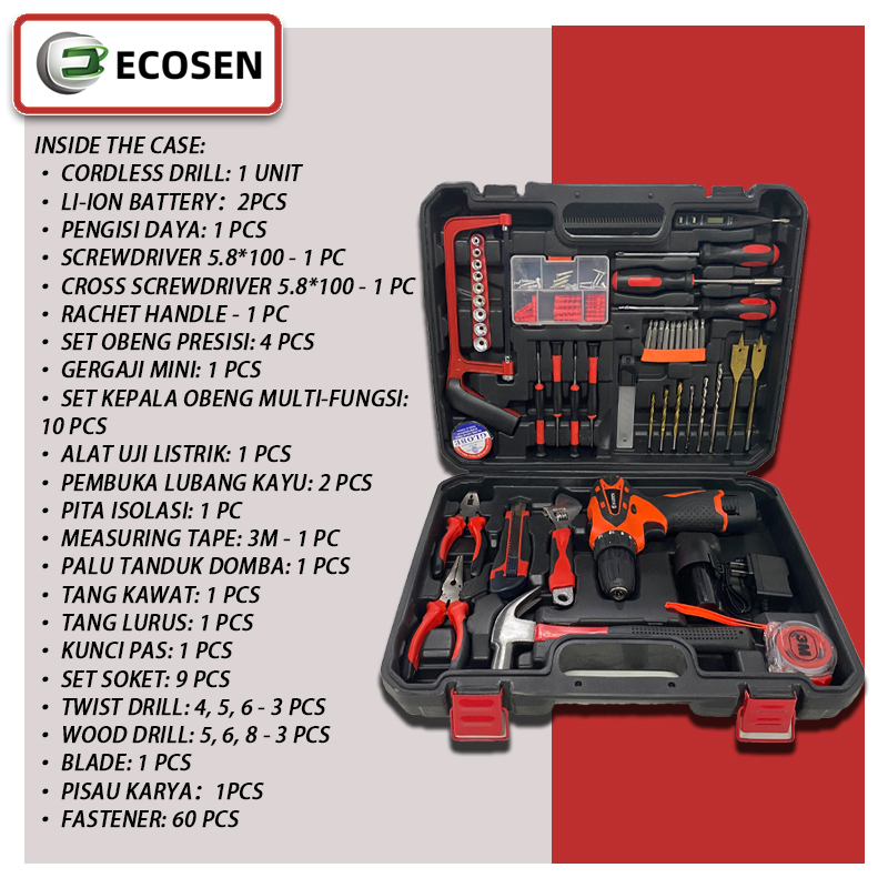 Jual ECOSEN 98V Mesin Bor Baterai Hand Toolset Tool Kit Set Toolbox Cordless Drill Set | Shopee ...