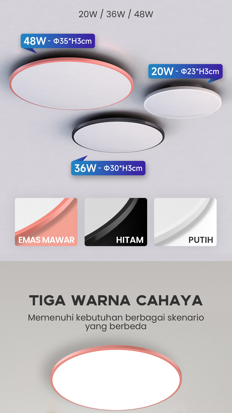 Jual HAN RIVER 3 Warna Lampu LED Kamar 48W 36W 20W Lampu Plafon ...