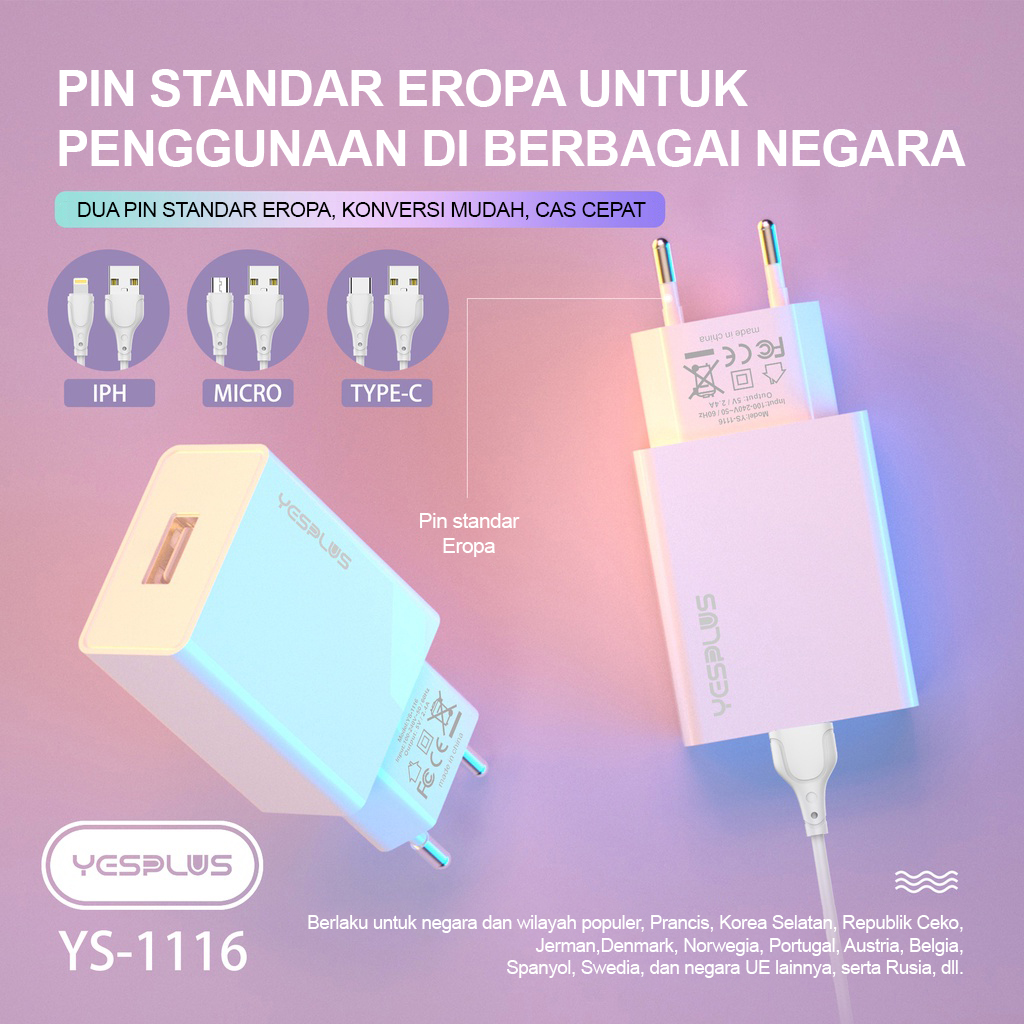 Jual Charger YESPLUS YS-1116 Charger Fast Charging 2.4A Smart Charger & Fast Cable | Shopee ...