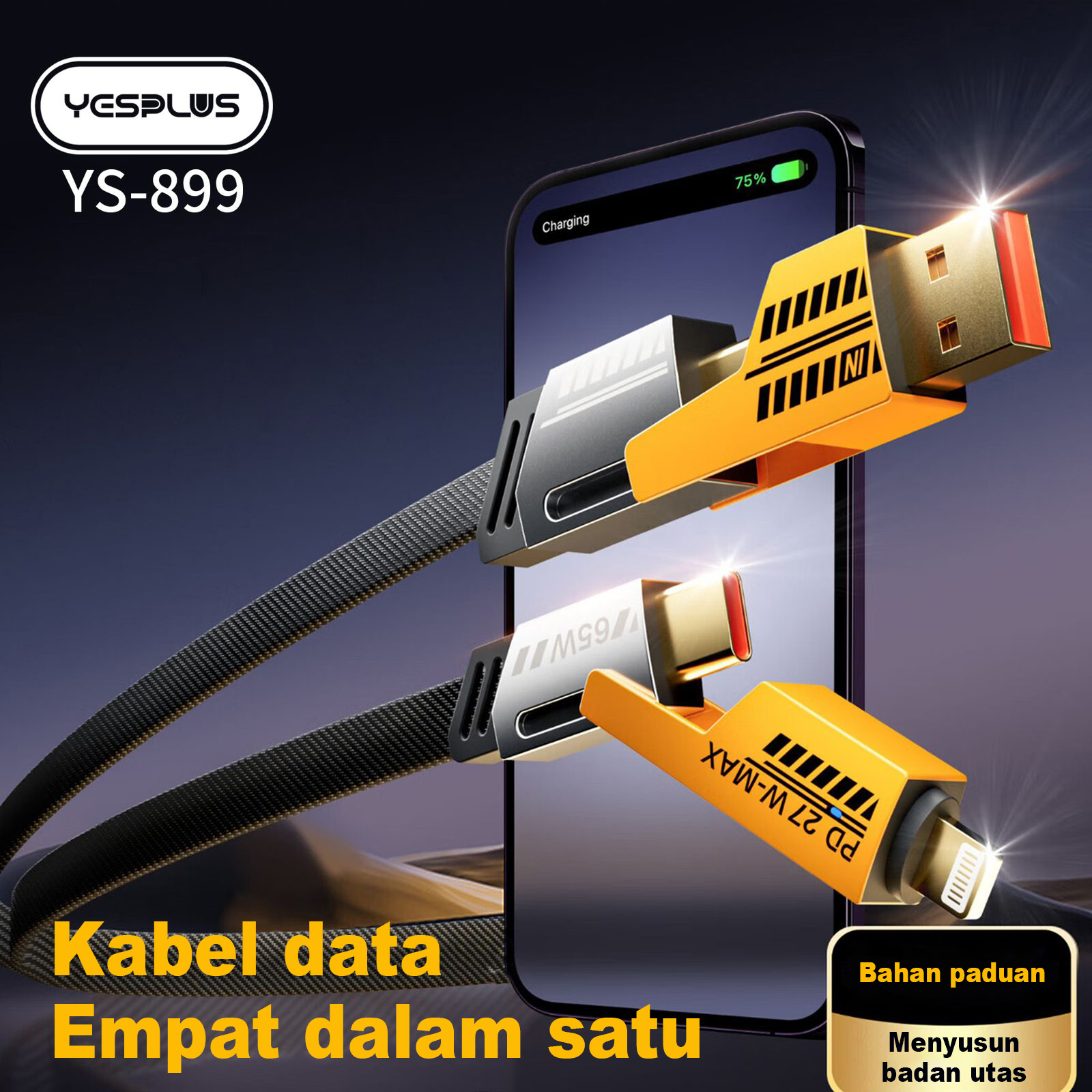 Jual Kabel data YESPLUS YS-899 4IN1 Convertible Metal Fast DataCable 65W ft USB C USB A Multiple ...
