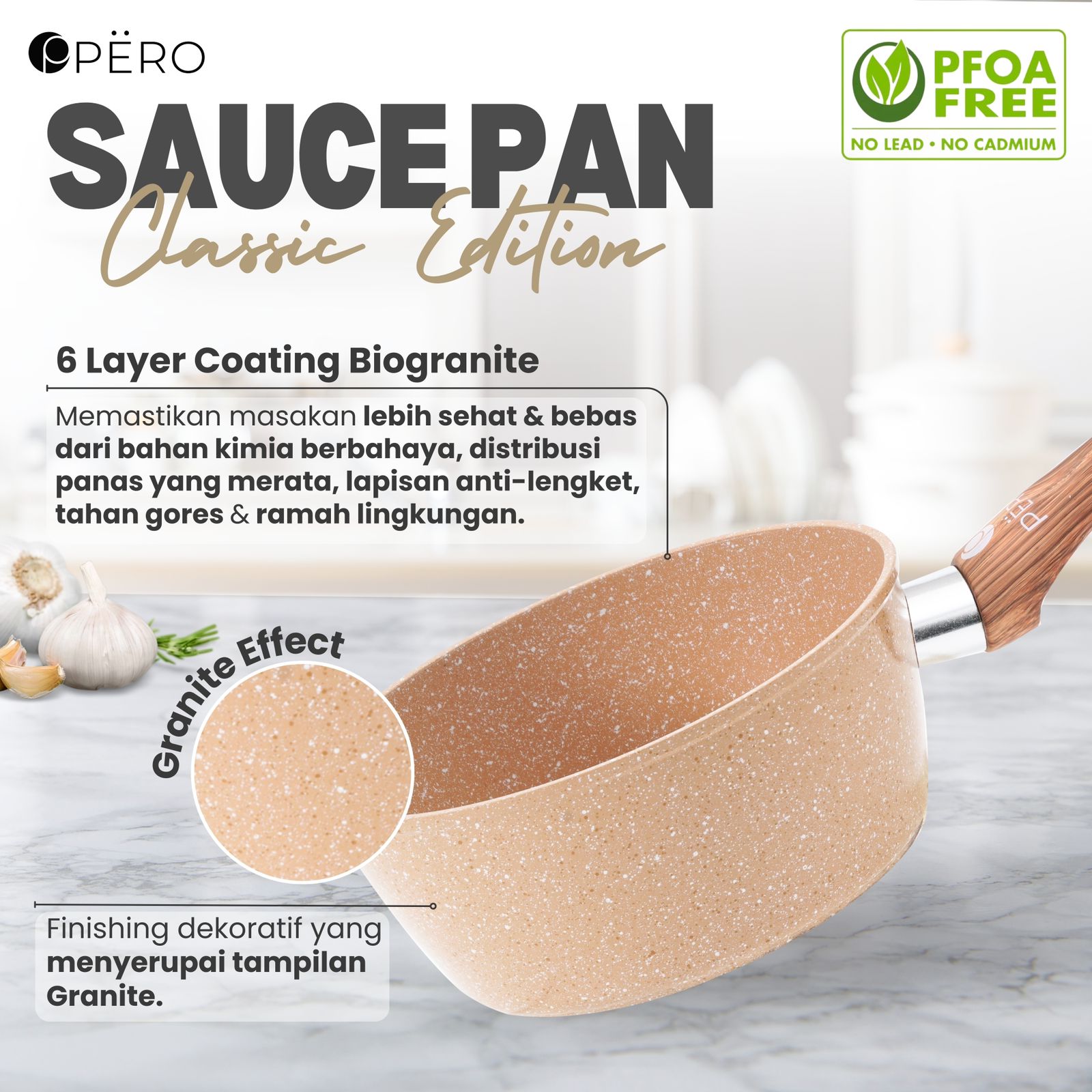 Jual Pero Ruby Sauce Pan 16cm Biogranite with Wooden Handle / Saucepan Milkpan 16cm Anti Lengket ...