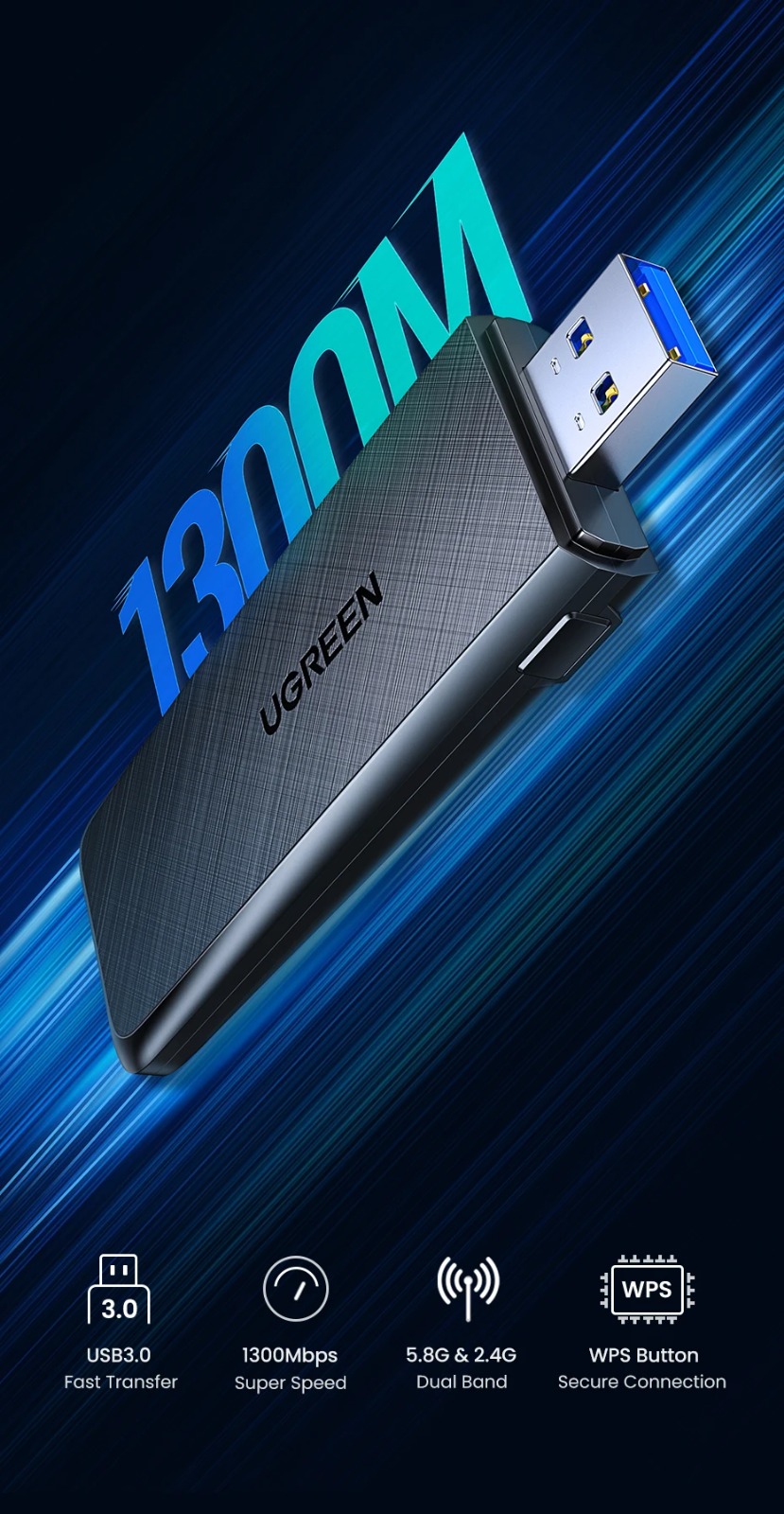 Jual UGREEN Wifi Adapter Reciever Dual Band 2.4GHz-5GHz Max 1300Mbps ...