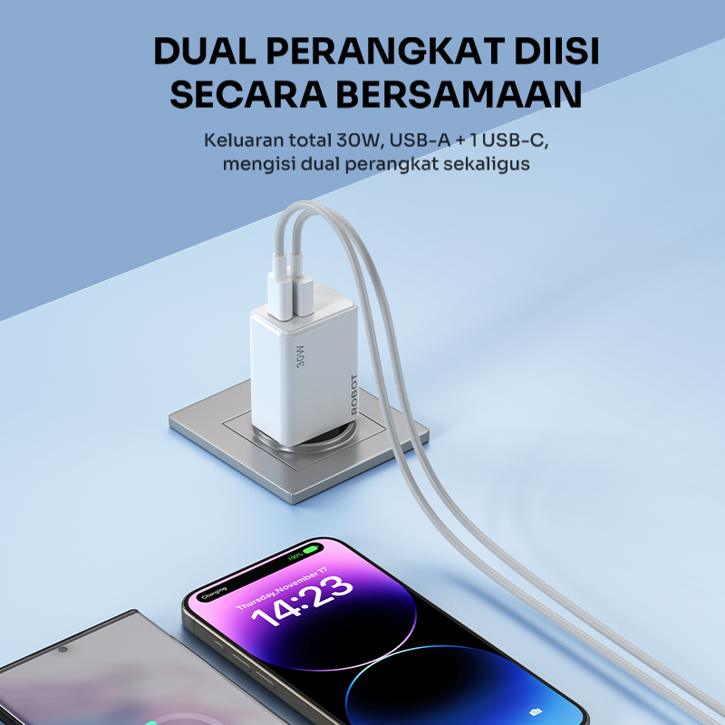 Jual ROBOT Kepala Charger Fast Charging 30W 2port Adapter Charger Type C USB iPhone Android ...