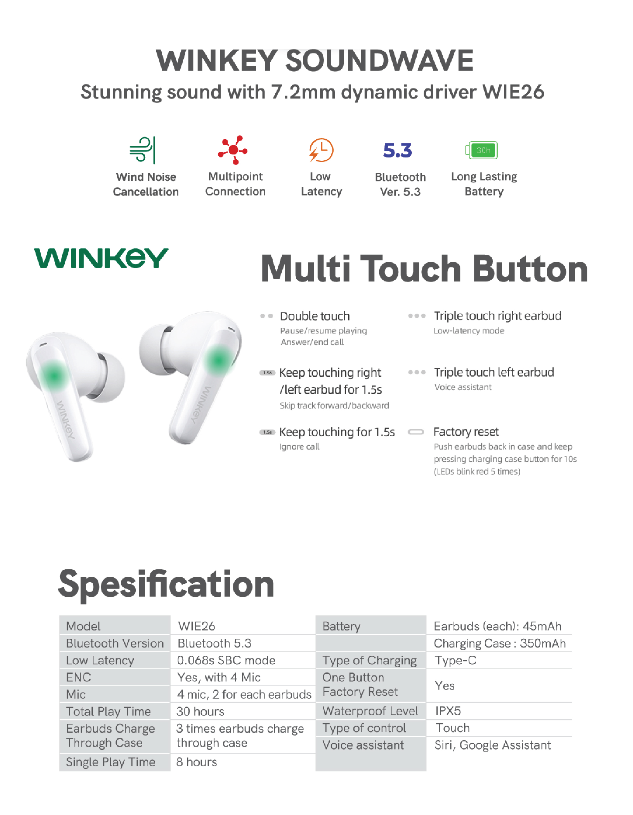 Jual WINKEY TWS Bluetooth Earphone Soundwave ENC Low Latency - WIE26 | Shopee Indonesia