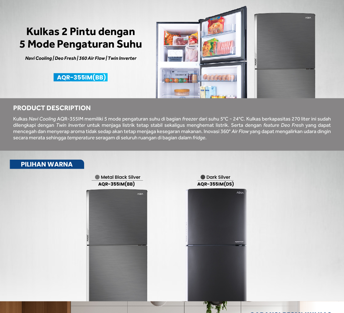 Jual AQUA Elektronik AQR-355IM(BB) Kulkas 2 Door 270L - 5in1 - Metal Black Silver - Navi cooling ...
