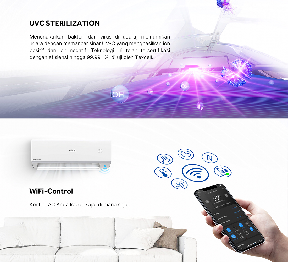 Jual AQUA Elektronik AQA-KCR9VRA(L) AC 1 PK Inverter Plus - UVC Sterialization - WiFi Control ...