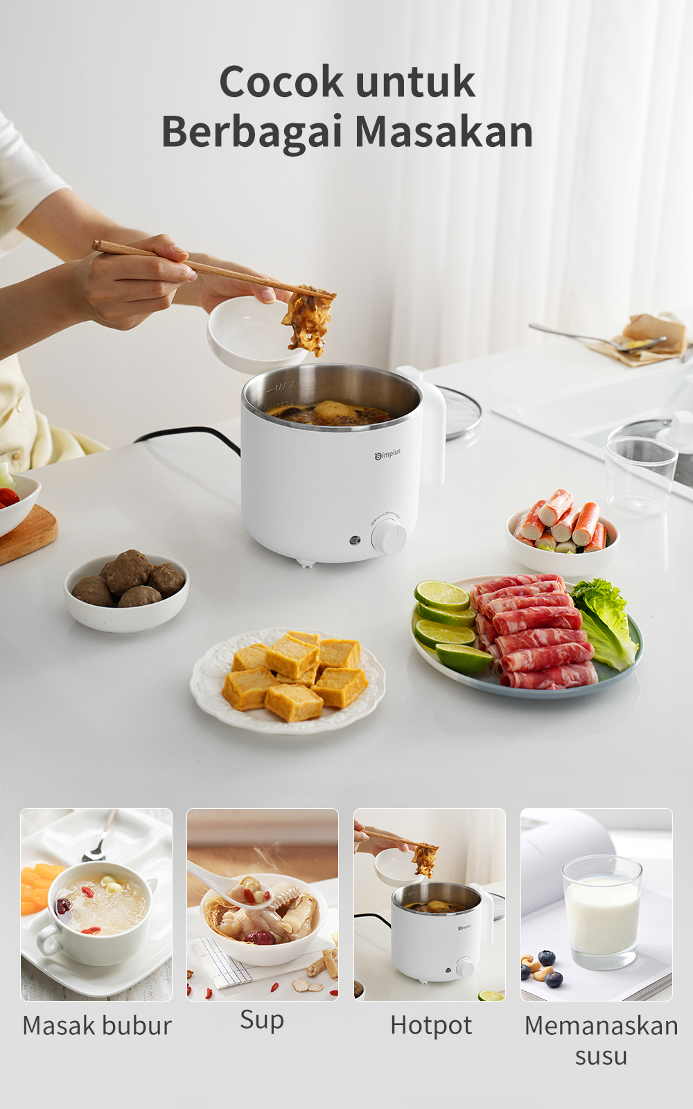 Jual Simplus Panci Listrik 1.7L Stainless Steel 304 2 Mode Hotpot Mengukus Merebus Masak Bubur ...