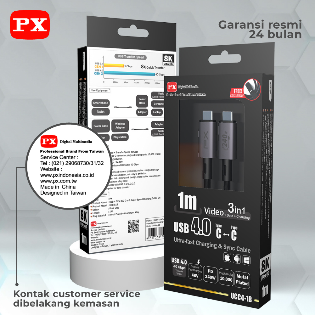 Jual Kabel Data Type C Fast Charging Type C 8K 240W 1 Meter PX UCC4-1B ...
