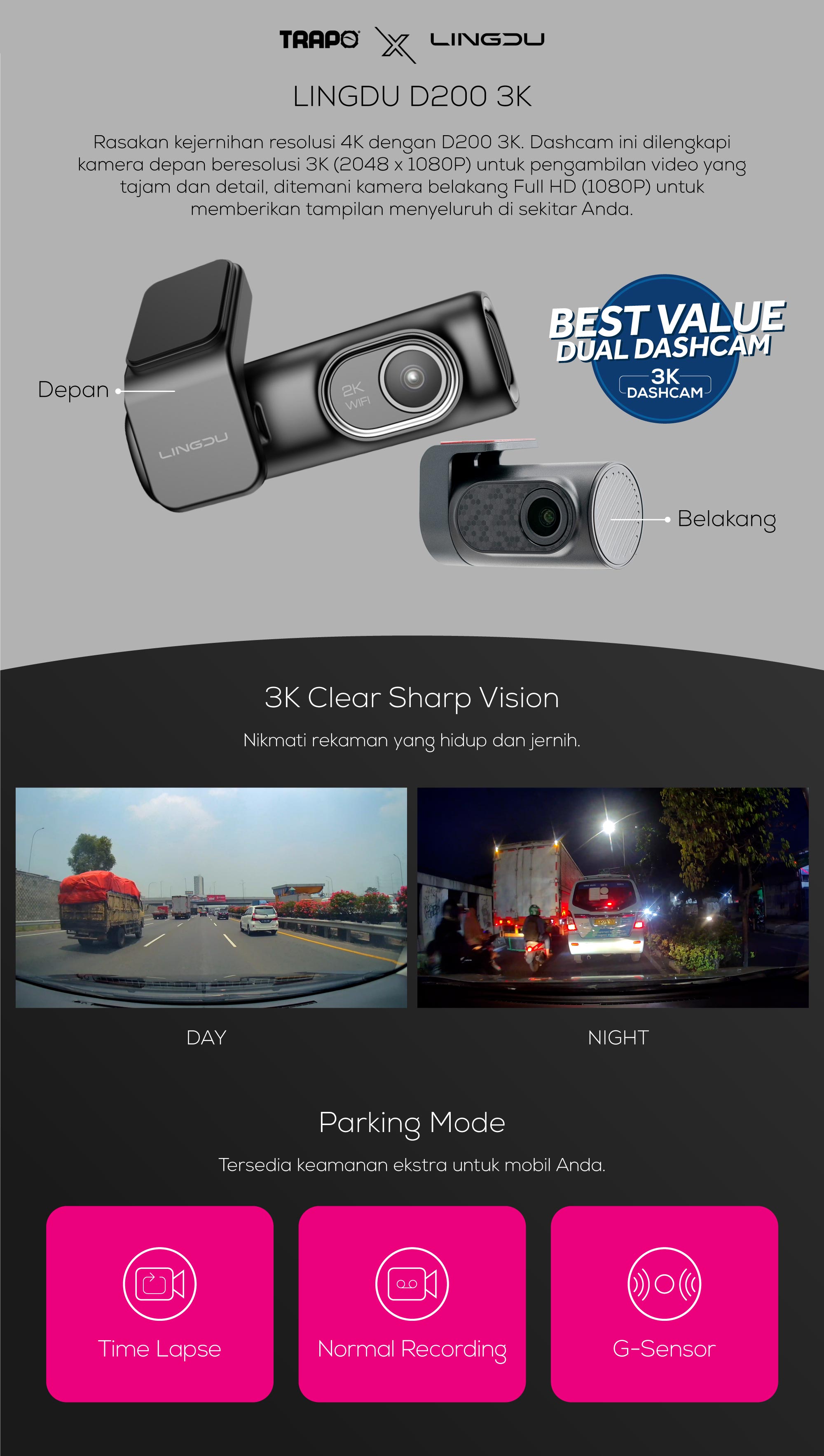 Jual LINGDU DASHCAM D200 - 4K (Front 3K+ Rear 1K)-NIGHT VISION-BUILT IN GPS | Shopee Indonesia