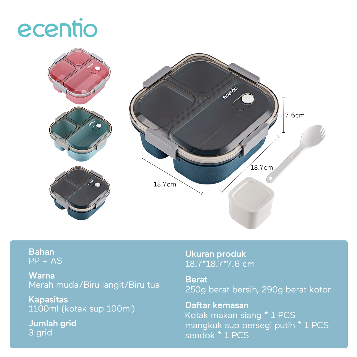 Jual ecentio kotak makan anti tumpah 3 grid 1100ml /lunch box set tempat bekal makan tas bekal ...