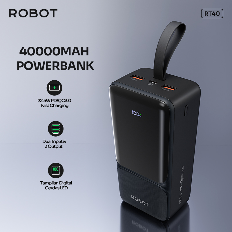 Jual ROBOT Powerbank Fast Charging 22.5W 40.000mAh Real Capacity 3 Port ...