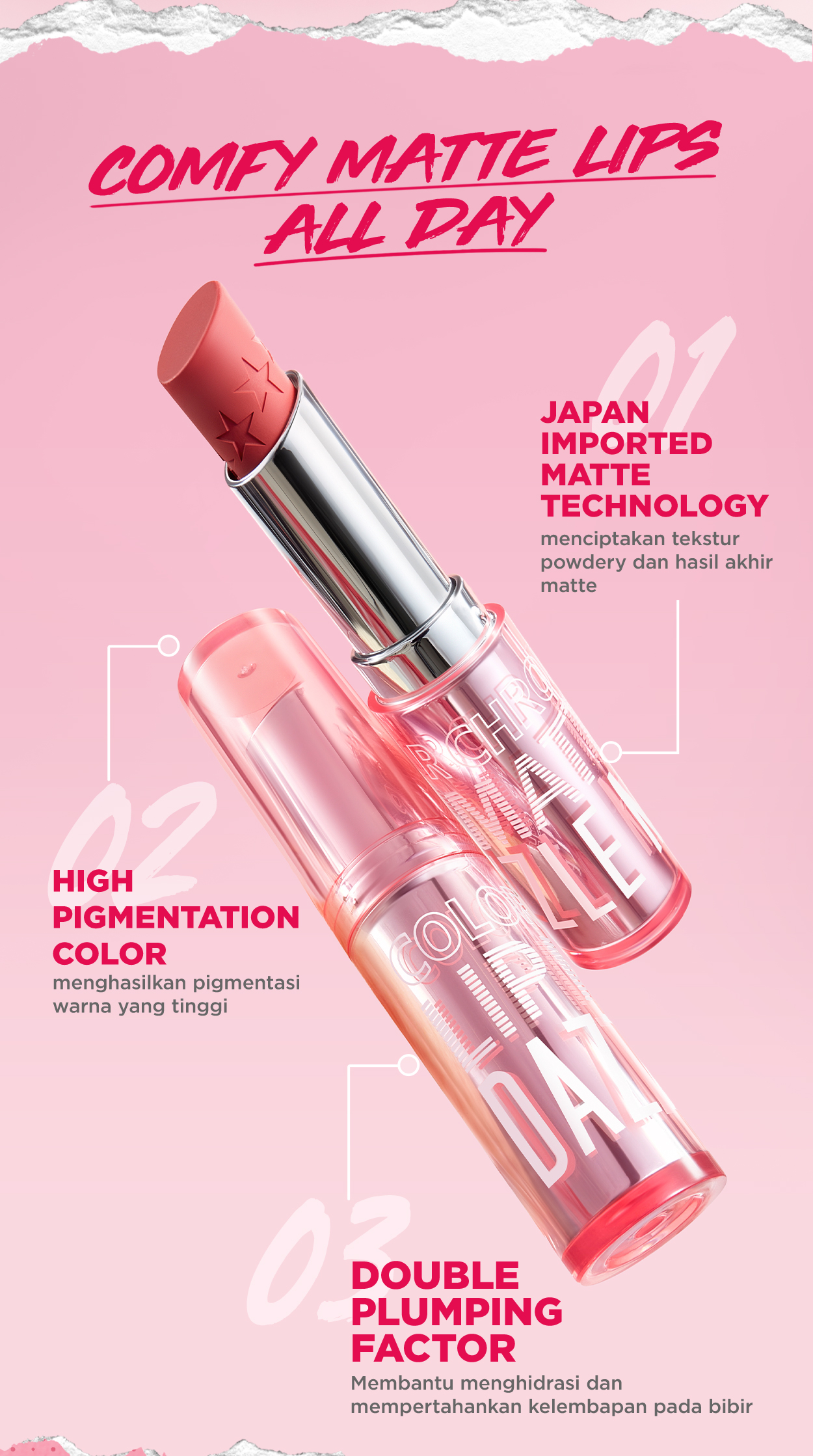 Jual [2PC] DAZZLE ME Color Chrome Lip Matte Bundle Lipstick dengan hasil akhir Matte dengan ...