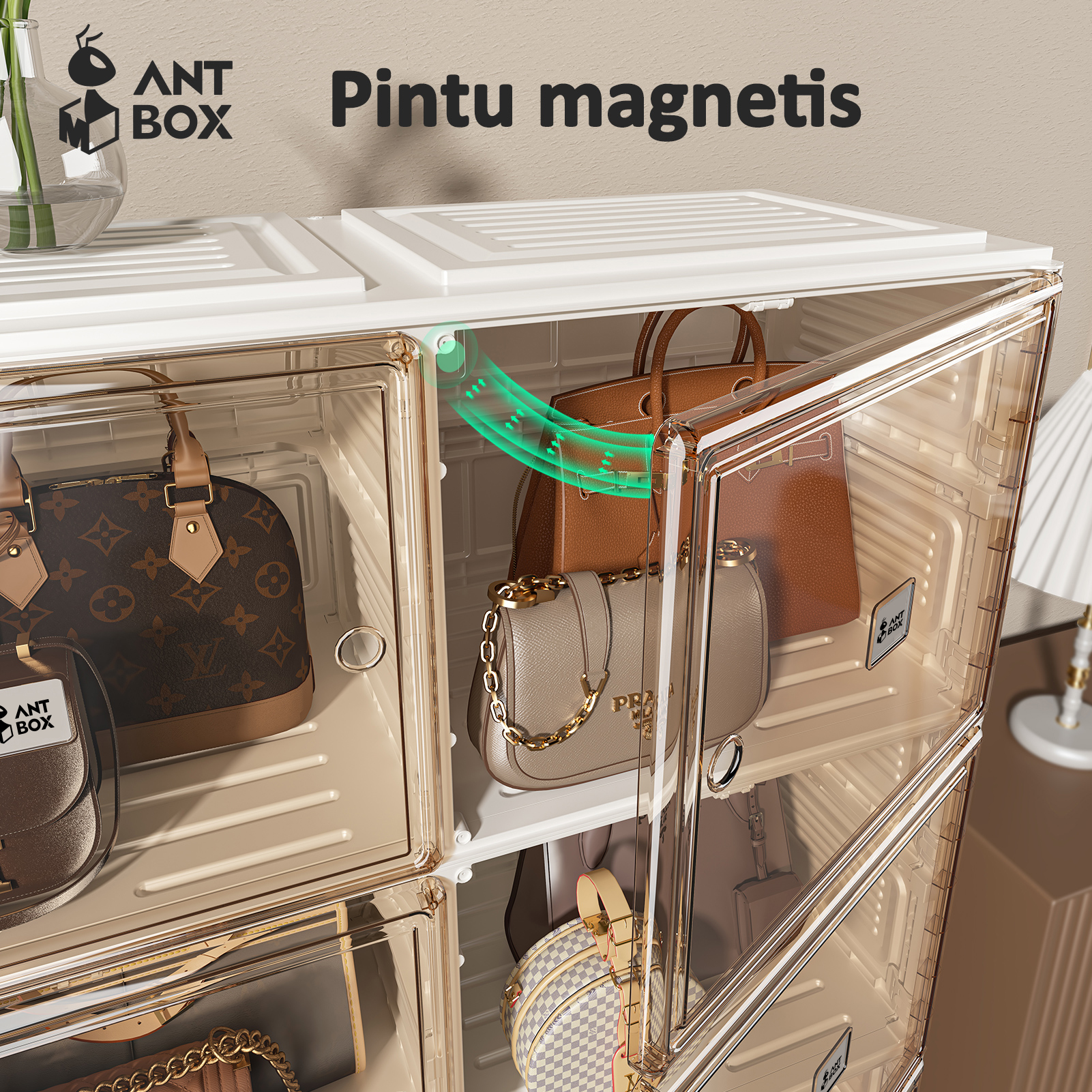 Jual ANTBOX Lemari Tas 4 6 8 10 Box Penyimpanan Tas Multifungi Lemari Lipat Pintu Magnet Anti ...