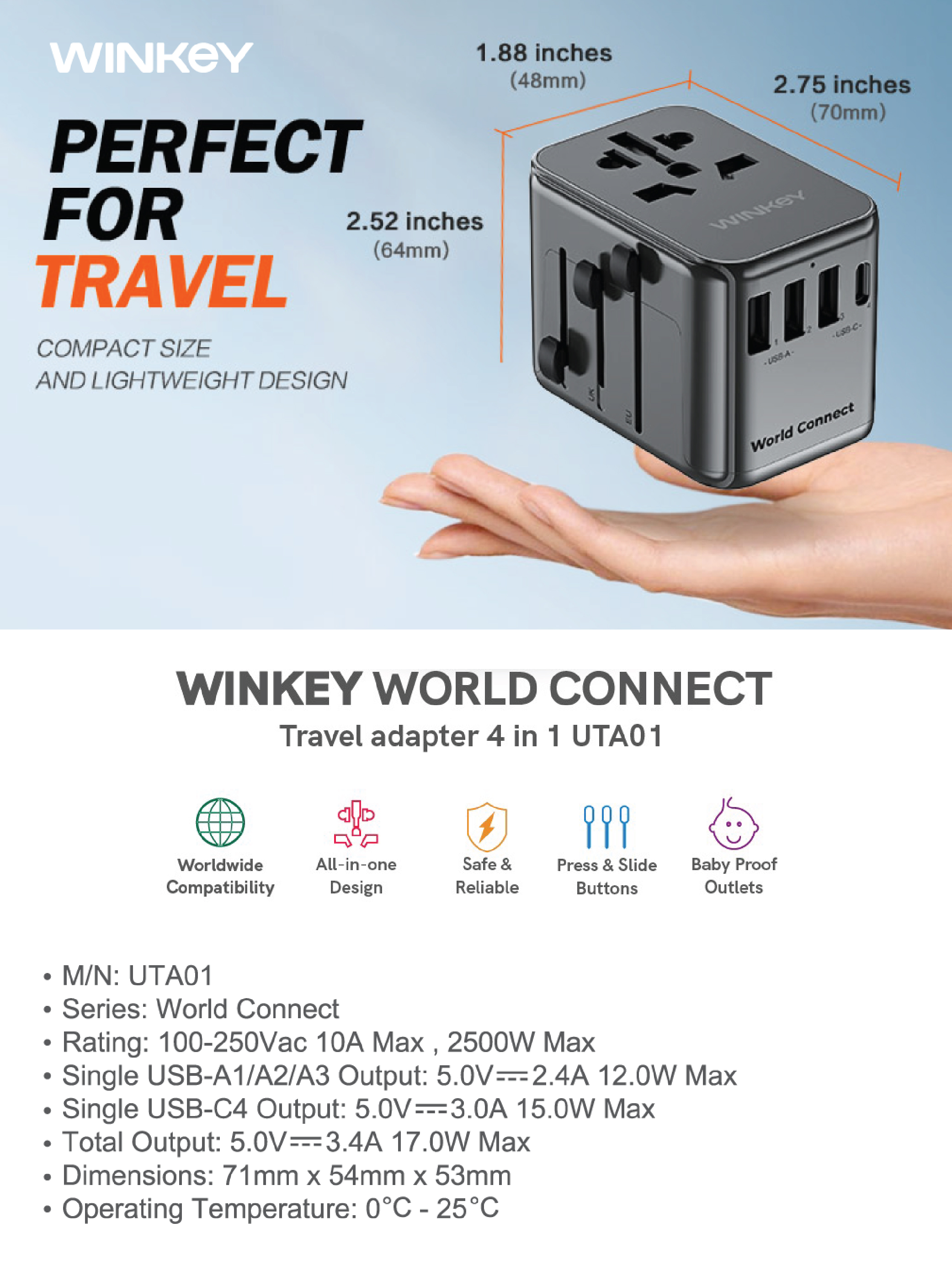 Jual WINKEY Universal Travel Adaptor UTA01 17W 3 Port USB-A + 1 Port ...