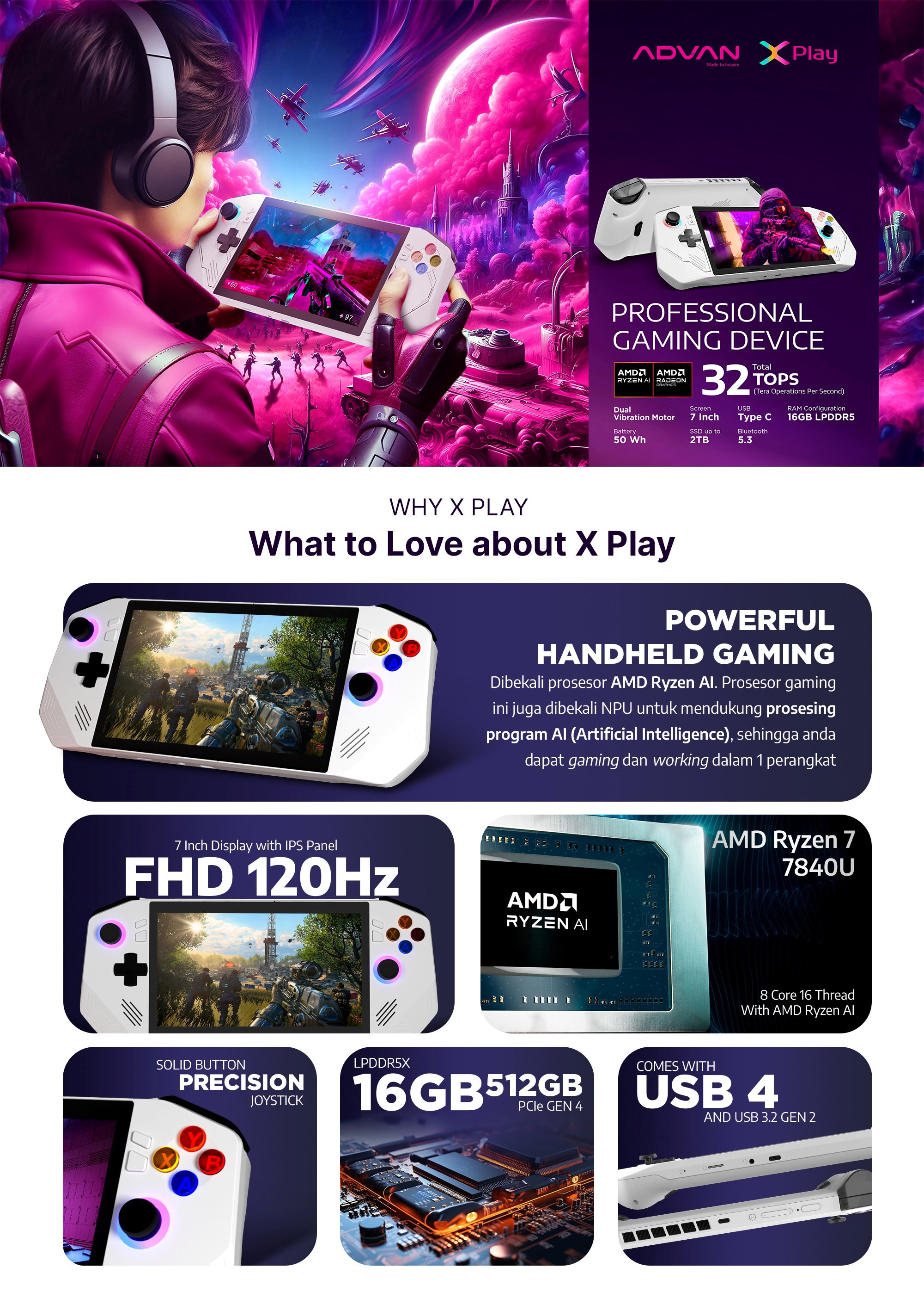 Jual Advan X-Play Handheld Gaming PC AMD Ryzen 7 7840U AMD Ryzen AI IPS ...