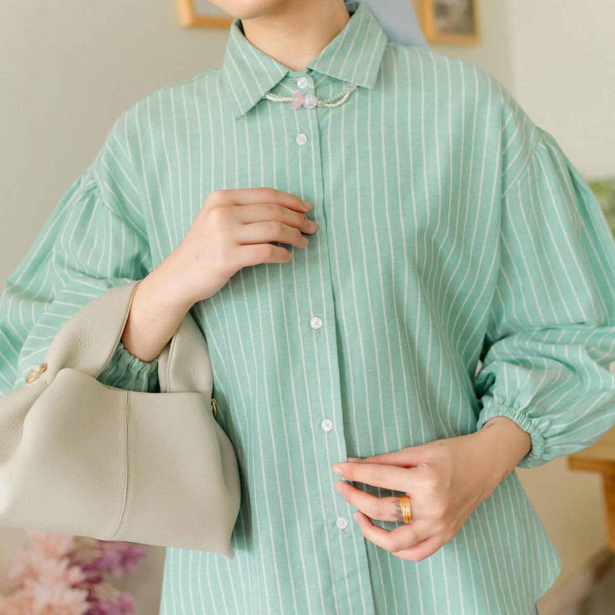 Jual HijabChic Mirai Jade Green Stripe Top - Kemeja Muslim Stripe ...