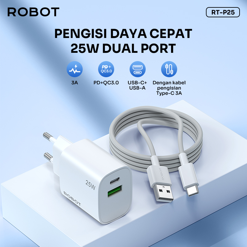 Jual ROBOT Kepala Charger Quick Charging 3.0 USB A To Type C Dual ...