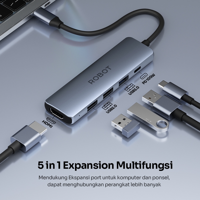 Jual ROBOT Konverter USB HUB 5 in 1 Type-C Port HDMI PD10W Pengisian ...