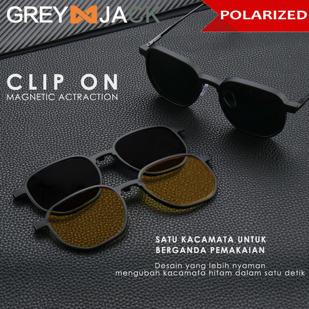 Jual Grey Jack Frame Kacamata Clip On 4in1 Bahan Metal Polarized Night Drive Model Semi Kotak ...