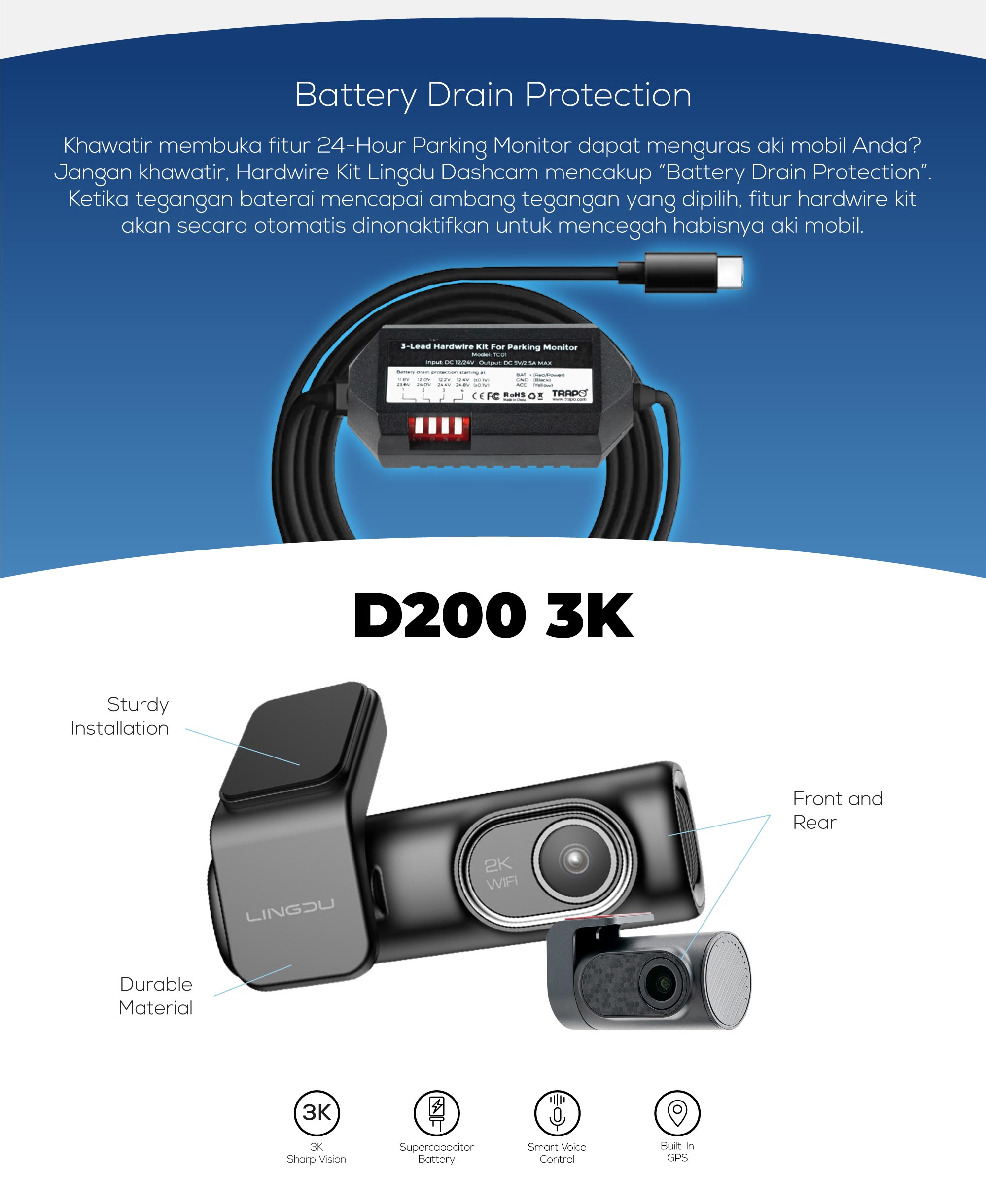 Jual LINGDU DASHCAM D200 - 4K (Front 3K+ Rear 1K)-NIGHT VISION-BUILT IN GPS | Shopee Indonesia