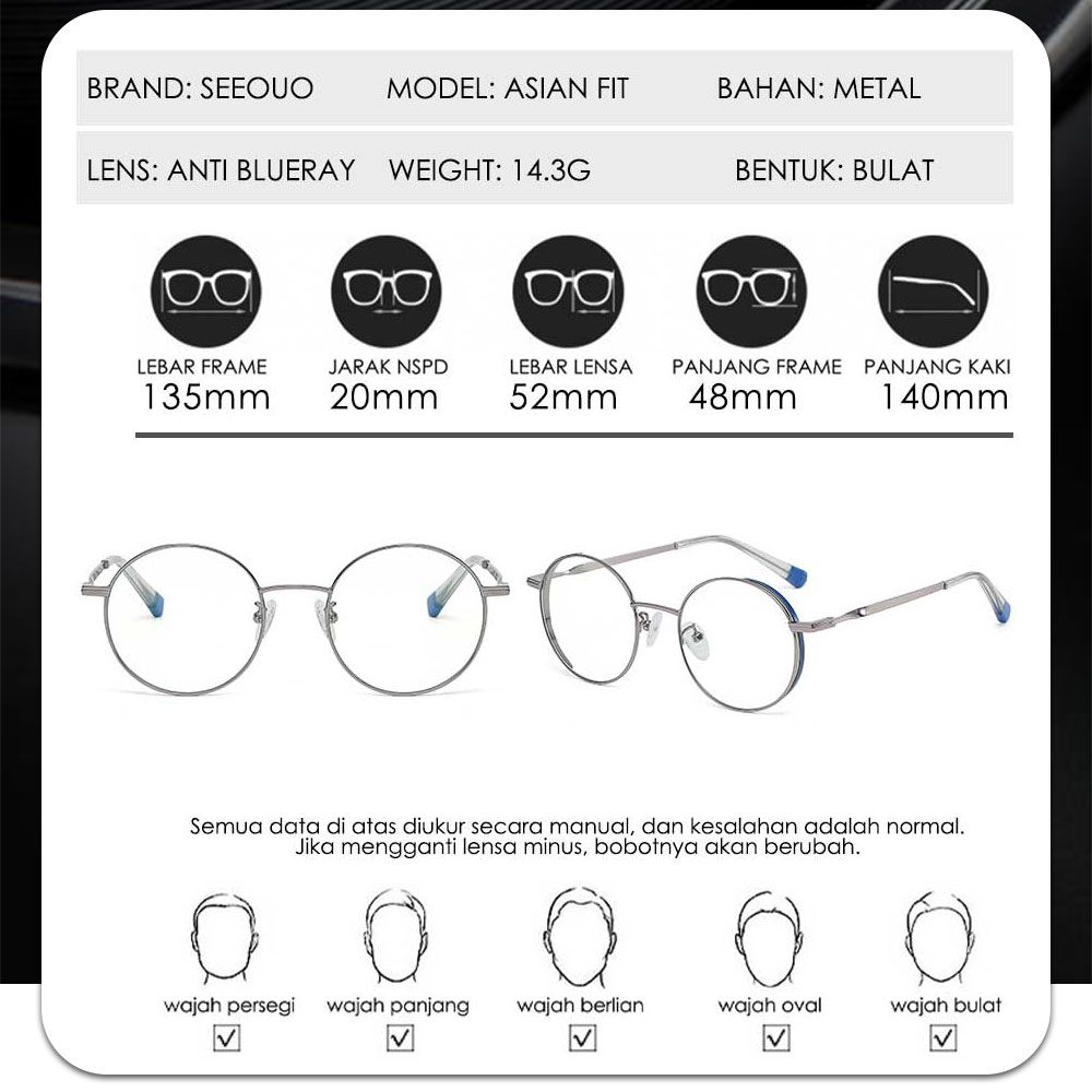 Jual Seeouo Kacamata Antiradiasi Blueray Model Bulat Retro Stylish Frame Bahan Metal Fashion ...