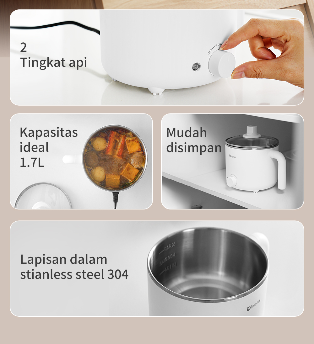 Jual Simplus Panci Listrik 1.7L Stainless Steel 304 2 Mode Hotpot Mengukus Merebus Masak Bubur ...