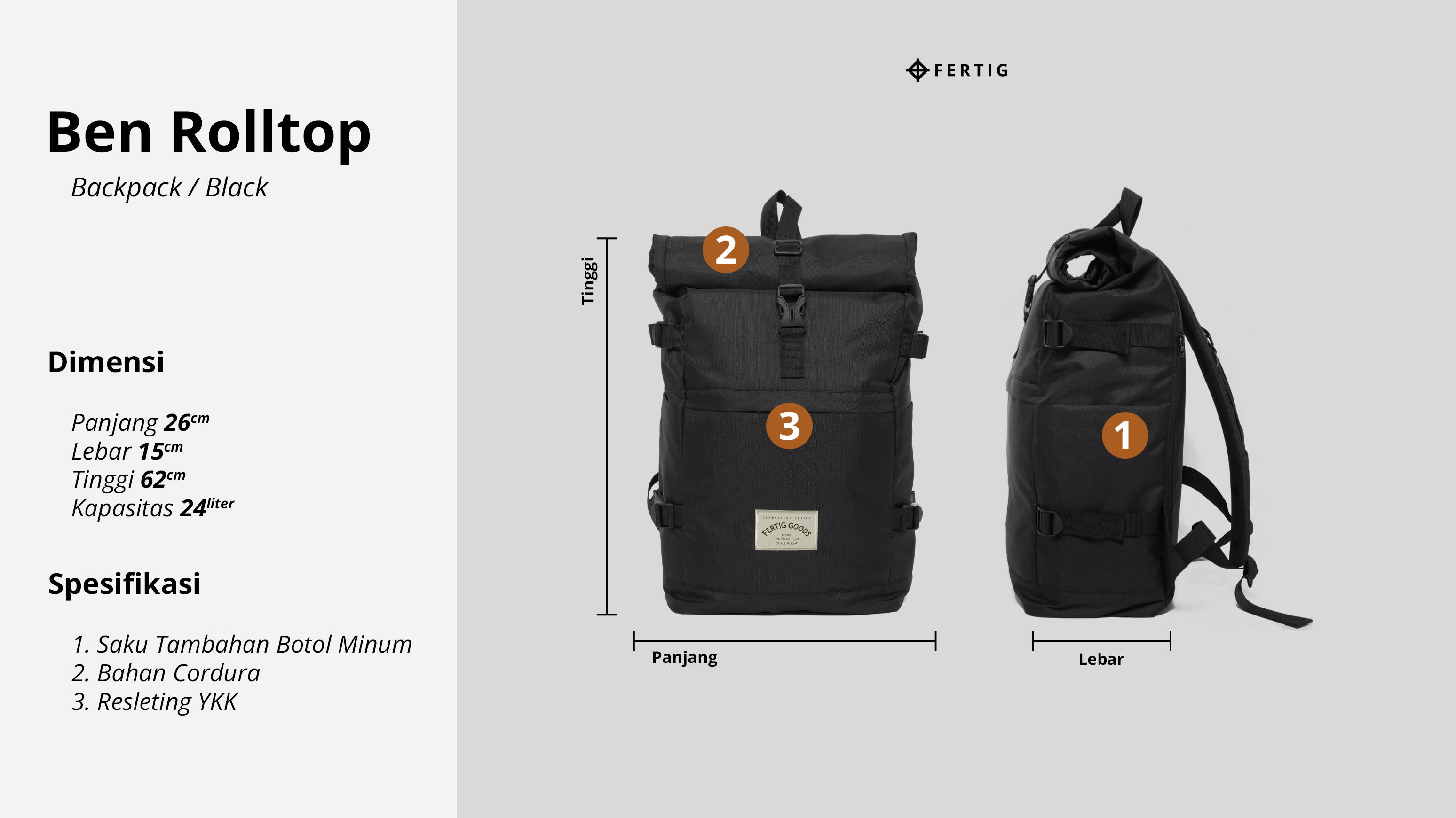 Jual Fertig - Ben Black - Tas Ransel Pria Wanita - Backpack Rolltop ...