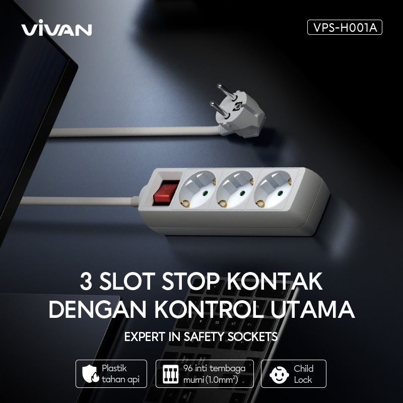 Jual VIVAN Safety Socket VPS-H001A Stop Kontak Saklar 3 lubang Inti ...