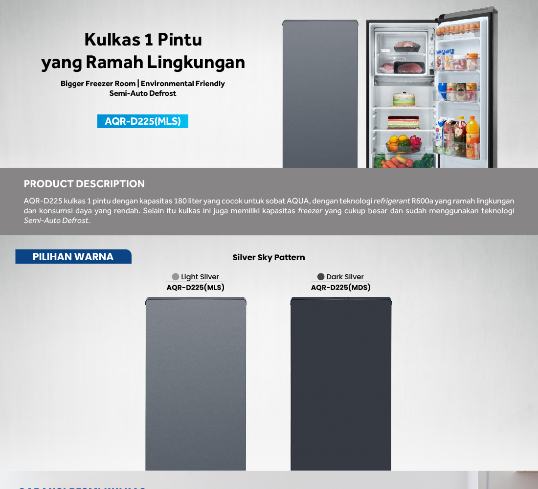 Jual AQUA Elektronik AQR-D225(MLS) 1Door 180 L [Light Silver] - Giant Freezer - Environmental ...